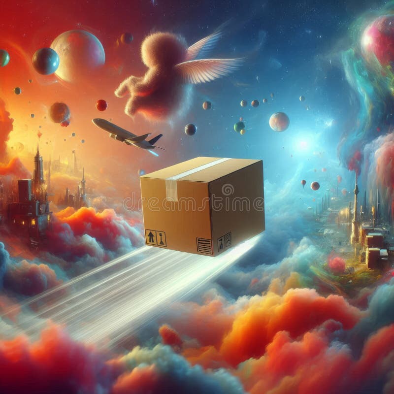 Futuristic Package Delivery in a Vibrant Cosmic Landscape Stock Image ...