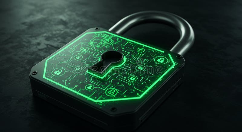 A Futuristic Padlock with a Glowing Green Circuit Board Design on Its ...