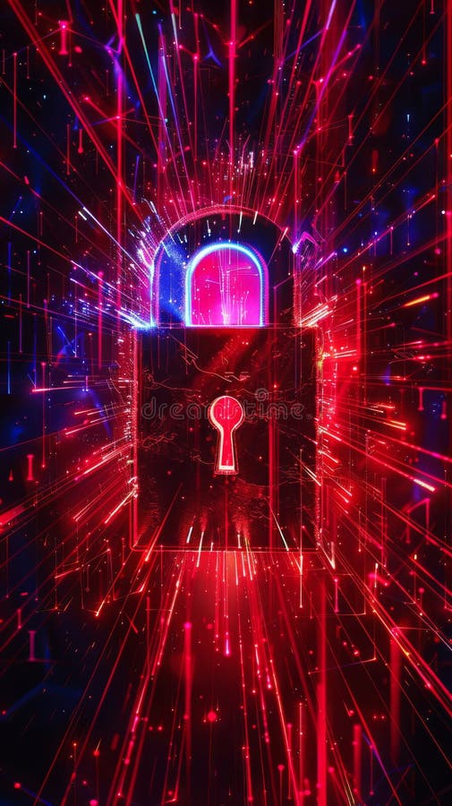 Futuristic Padlock with Glowing Red and Blue Light Rays, Digital ...