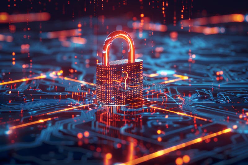 Futuristic Padlock on Illuminated Circuit Board, Orange and Blue HiTech ...