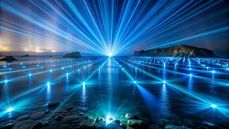 Futuristic Panorama of a Sea with Waves and Blue Lights Generative AI ...