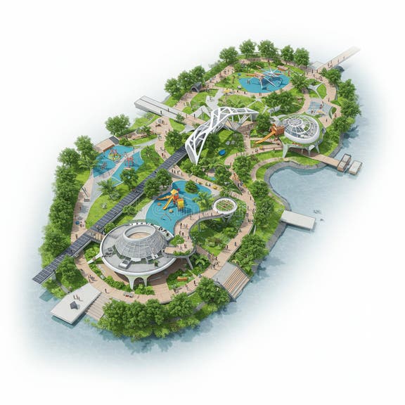 Futuristic Park Design Featuring Multiple Circular Platforms Connected ...