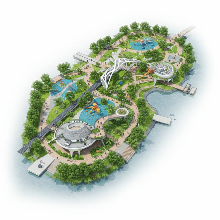 Futuristic Park Design Featuring Multiple Circular Platforms Connected ...