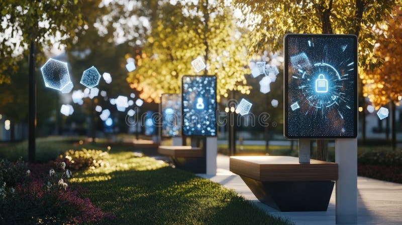 Futuristic Park Displays Showing Security and User Data Information ...