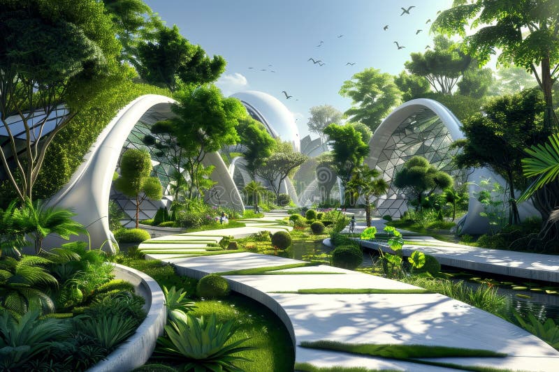 A Futuristic Park Features Sleek, Geometric Structures and Lush ...