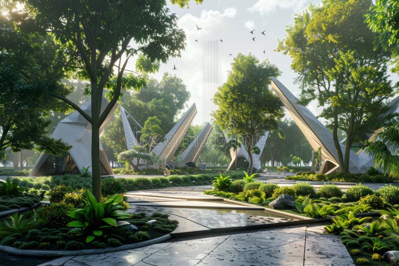 A Futuristic Park Features Sleek, Geometric Structures Surrounded by ...