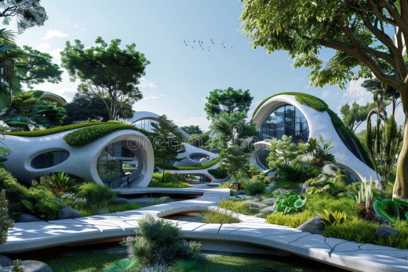 Futuristic Park with Geometric Structures and Lush Greenery on a Sunny ...