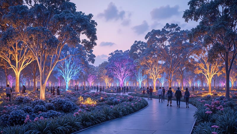 Futuristic Park with Glowing Color Changing Trees People on Path Under ...