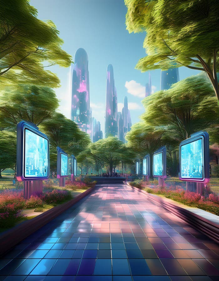 Futuristic Park with Holographic Displays and Towering Structures in ...