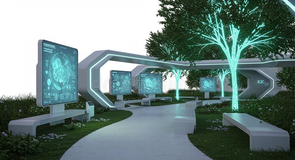 Futuristic Park Setting Features Glowing Digital Interfaces Mounted on ...