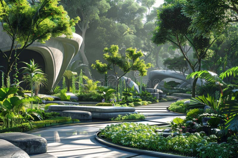 A Futuristic Park with Sleek Geometric Structures, Lush Greenery, and a ...