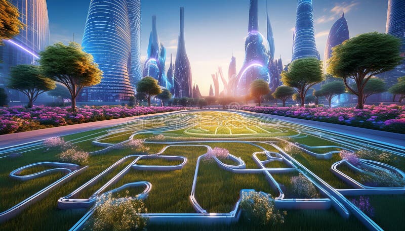 A Futuristic Park Where the Grass and Flowers are Interspersed with ...