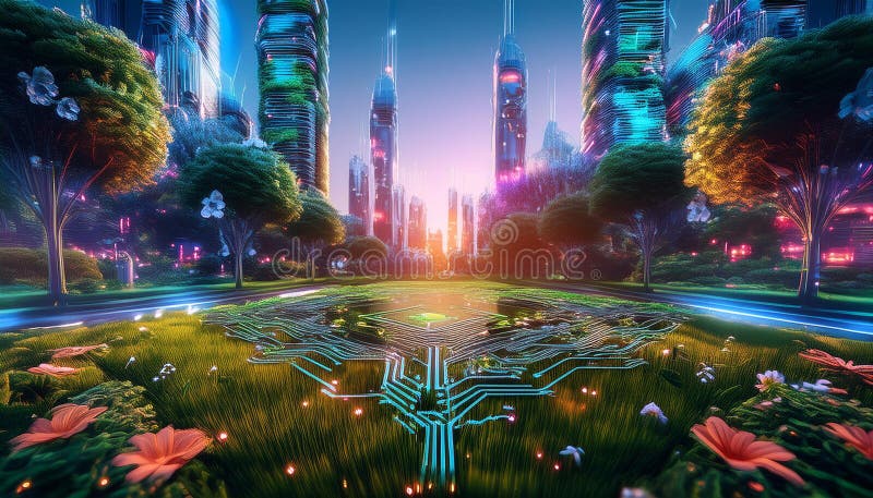 A Futuristic Park Where the Grass and Flowers are Interspersed with ...