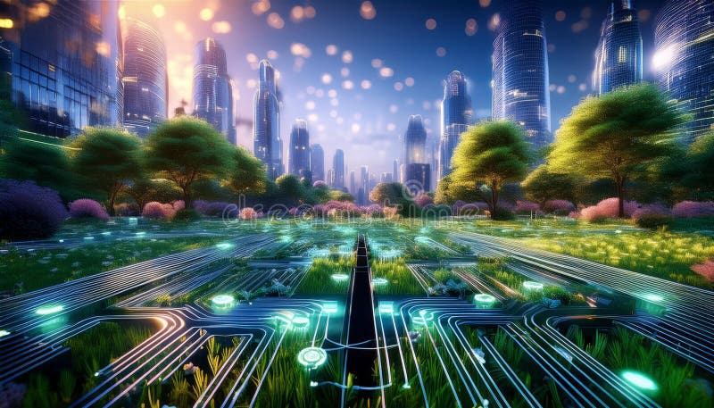 A Futuristic Park Where the Grass and Flowers are Interspersed with ...