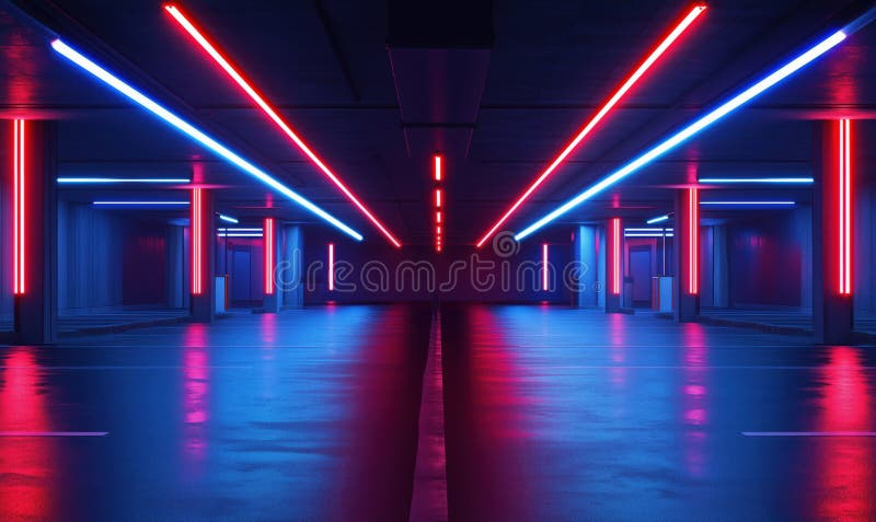 Futuristic Parking Garage Illuminated with Red and Blue Neon Lights ...