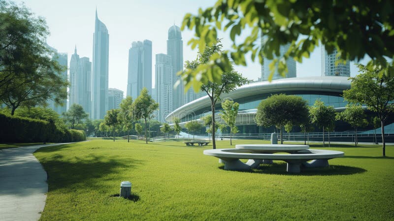 Futuristic Parks with Futuristic Building in the Background Stock ...
