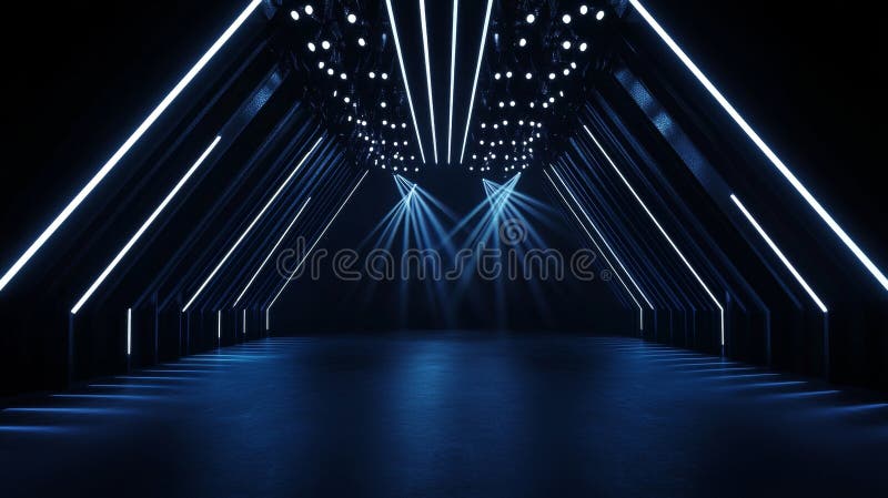 Futuristic Party Stage Design with Dark Background and Illuminated Blue ...