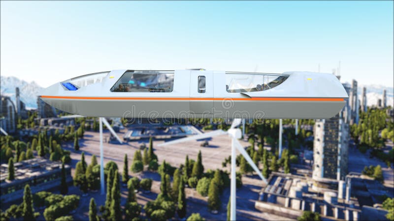Futuristic Passenger Bus Flying Over the City, Town. Transport of the ...
