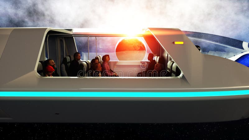 Futuristic Passenger Bus Flying in Space. Transport of the Future. 3d ...