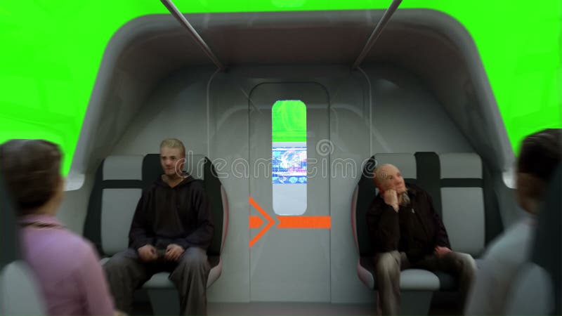 Futuristic Passenger Flying Bus. Transport of the Future. Green Screen ...