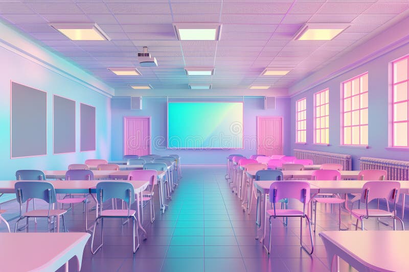 Futuristic Pastel Modern Classroom Setting with Screens in Vibrant ...