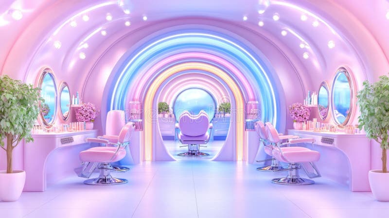 Futuristic Pastel Salon with Rainbow Lights and Modern Decor in a ...