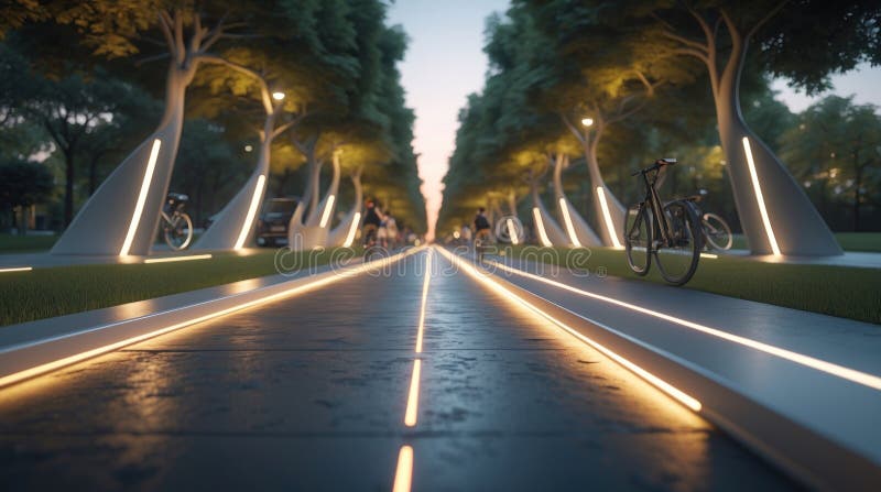 Futuristic Pathway with Glowing Lights and Cyclists in a Serene ...