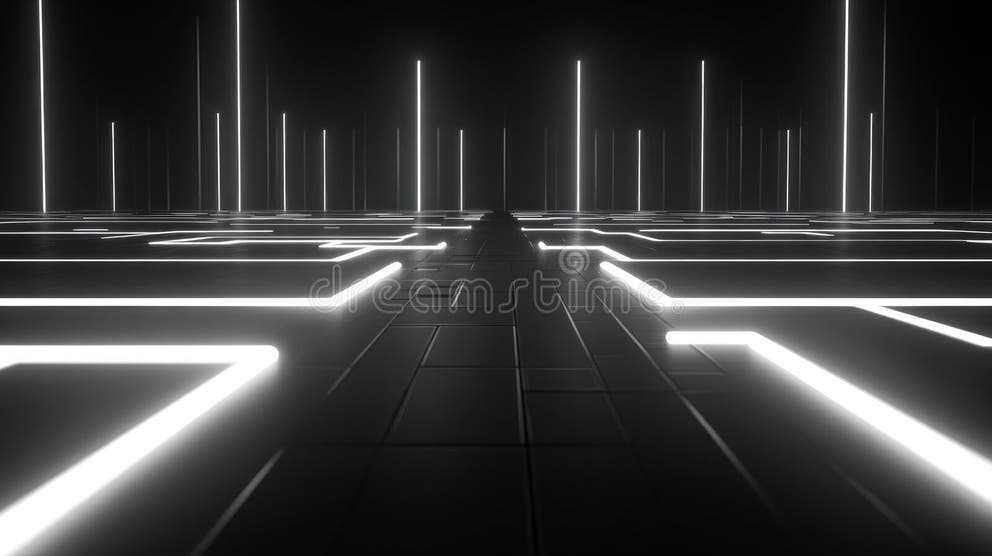 Futuristic Pathway with Glowing White Lines in a Dark, Rectangular Grid ...