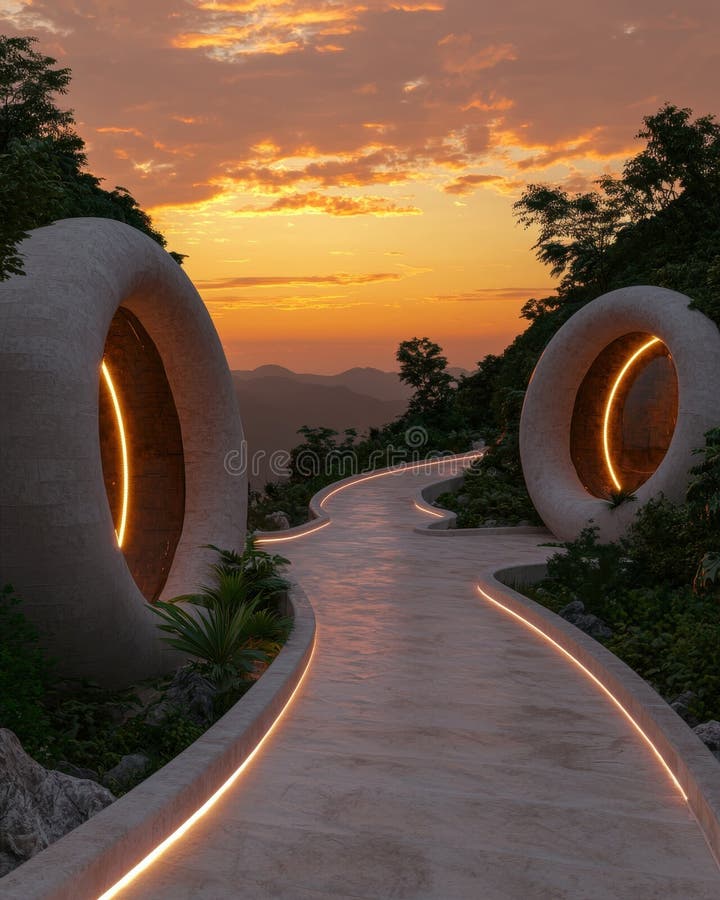 Futuristic Pathway with Illuminated Arches at Sunset Stock Illustration ...