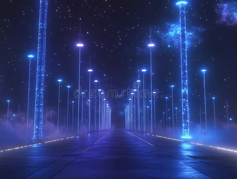 Futuristic Pathway Illuminated by Blue Lights at Night Stock ...