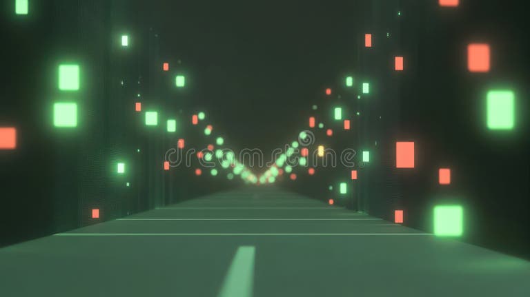 A Futuristic Pathway Illuminated by Glowing Squares in a Dark, Digital ...