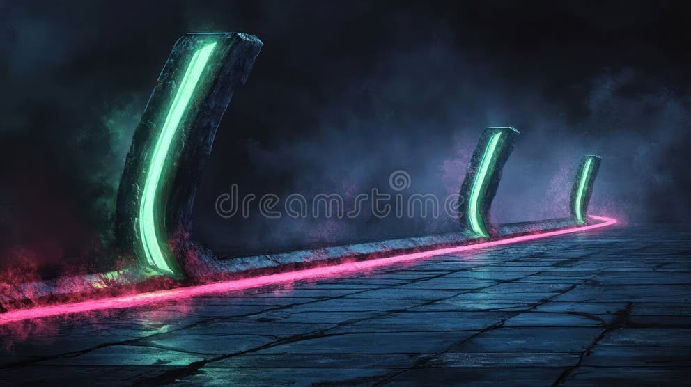A Futuristic Pathway Illuminated by Neon Lights, Surrounded by a Misty ...