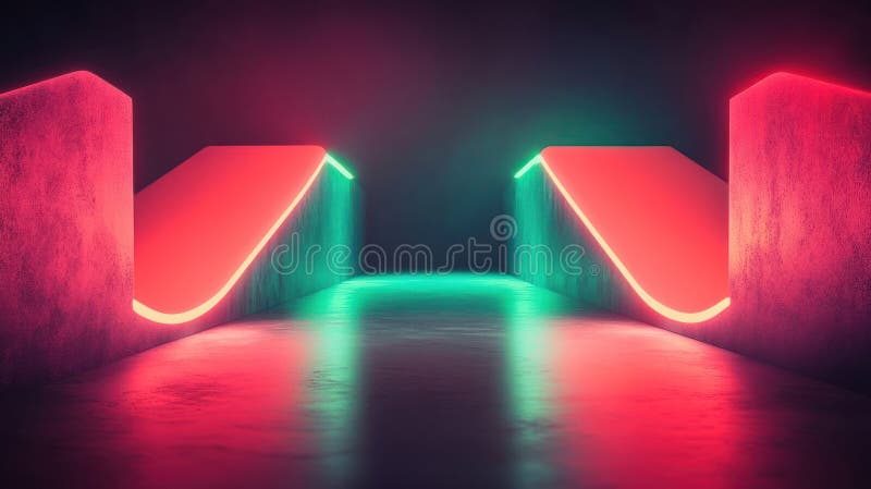 Neon Glowing Red and Green Ramp in Dark Concrete Room, Futuristic Sci ...