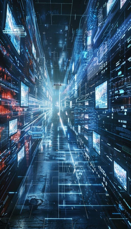 A Futuristic Pathway Lined with Holographic Screens Leading To a Major ...