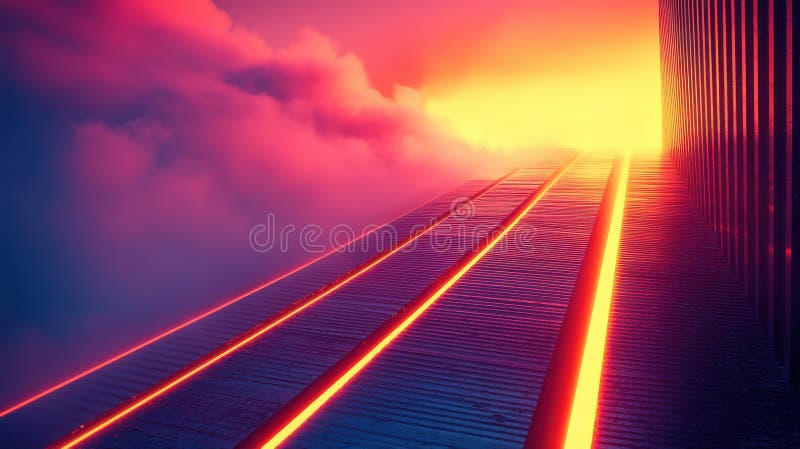 Futuristic Pathway with Neon Lights Emerging from Colorful Clouds Stock ...