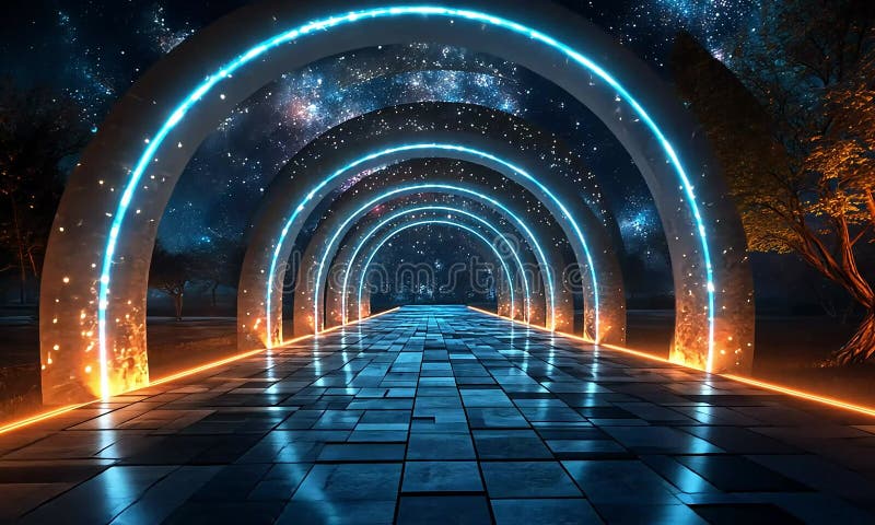 Futuristic Pathway Under a Starry Night Sky, Lined with Glowing Arches ...