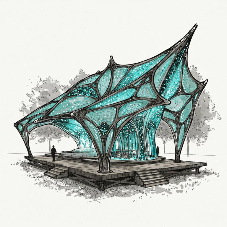 Futuristic Pavilion with an Organic Design, Featuring a Web of Metallic ...