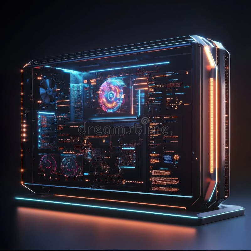 Futuristic PC Case with Neon Lights and Digital Display Stock ...