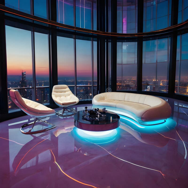 Futuristic Penthouse Lounge with Panoramic City Views at Twilight Stock ...