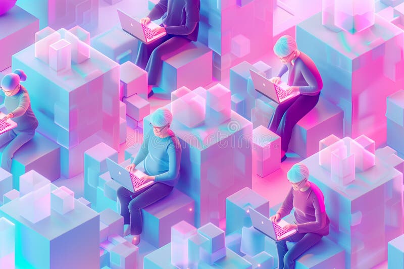 Futuristic People Working with Laptop in Modern Open Office Space ...