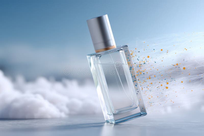 Futuristic Perfume Bottle Levitating and Spraying Particles on a Cloudy ...