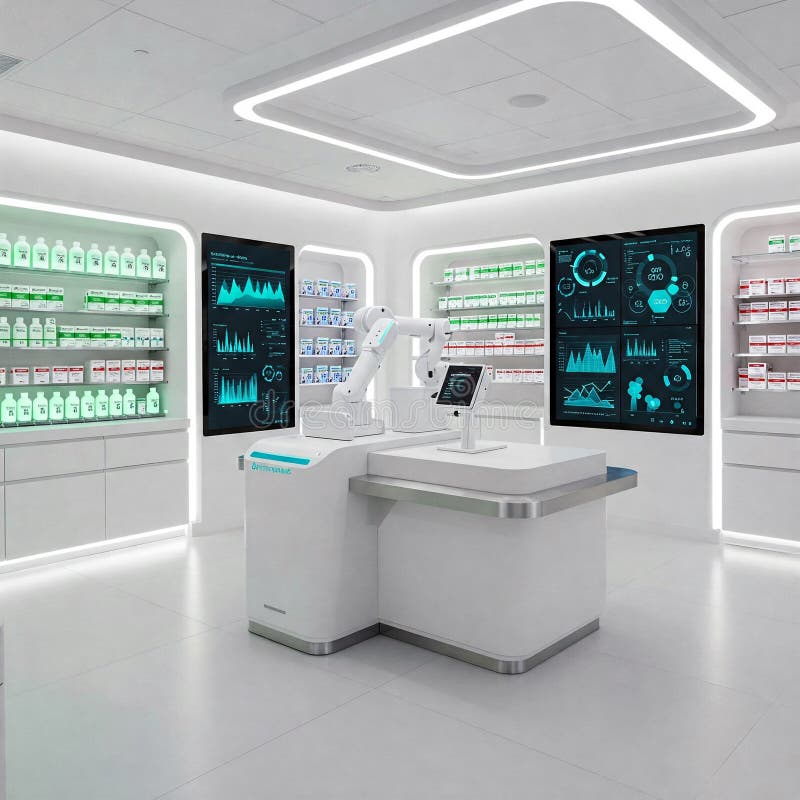 Futuristic Pharmacy with Digital Displays - AI Stock Illustration ...