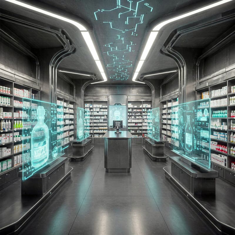 Futuristic Pharmacy with Digital Displays - AI Stock Illustration ...