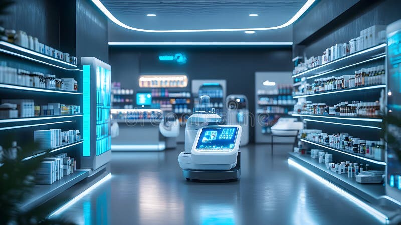 Futuristic Pharmacy Interior with Advanced Technology and Robotic ...