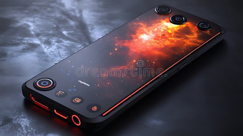 Futuristic Phone Displays Cosmic Nebula, Dark Surface Stock ...