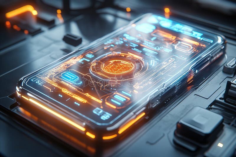 Futuristic Digital Interface Glowing Orange Blue Glass Screen Stock ...