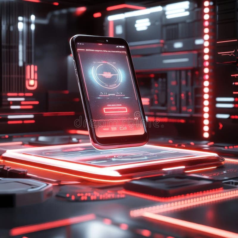 Futuristic Phone Interface with Red Neon Lights Stock Illustration ...