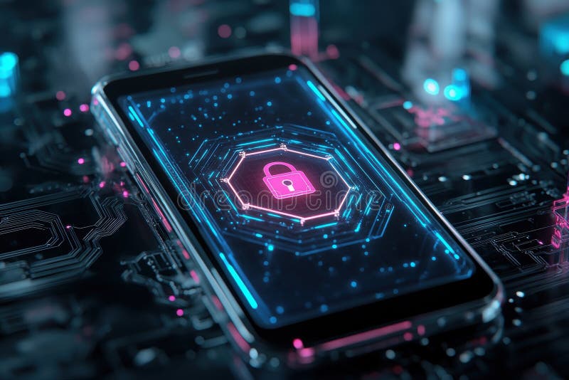 Cybersecurity Phone Screen Digital Lock Neon Pink Blue Technology Data ...