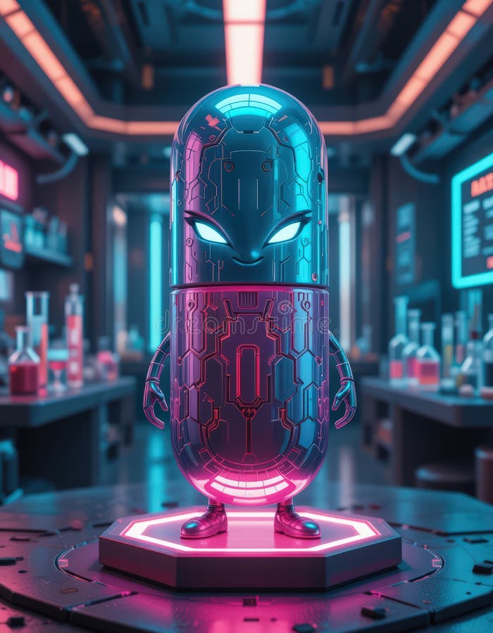 Futuristic Pill Robot Standing on Platform in Neon Lit Laboratory Stock ...