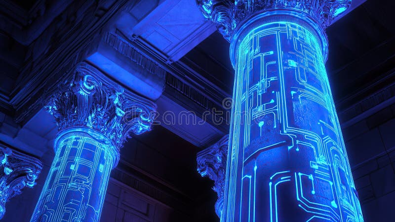 Futuristic Pillars with Blue Glowing Electrical Circuit Patterns Stock ...